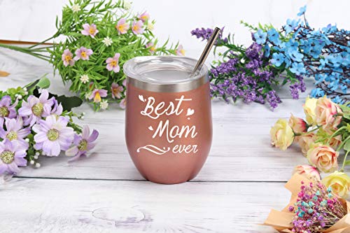 Best Mom Tumbler Best Mom Ever Tumbler with Straw and Lid Best Mom Ever Wine Tumble Birthday Mothers Day Gifts for Mom from Daughter Son New Mom Wine Tumbler 12 Ounce with Gift Box Rose Gold