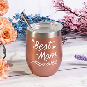 Best Mom Tumbler Best Mom Ever Tumbler with Straw and Lid Best Mom Ever Wine Tumble Birthday Mothers Day Gifts for Mom from Daughter Son New Mom Wine Tumbler 12 Ounce with Gift Box Rose Gold