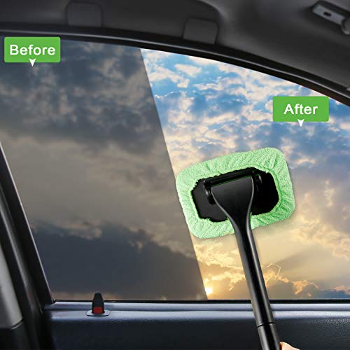 2 Pack Windshield Cleaning Tool Windshield Cleaning Wand Auto Window Cleaner with Detachable Handle, 8 Pieces Reusable Cloth Pads and 2 Pieces Spray Bottles for Car Interior (Gray, Green)