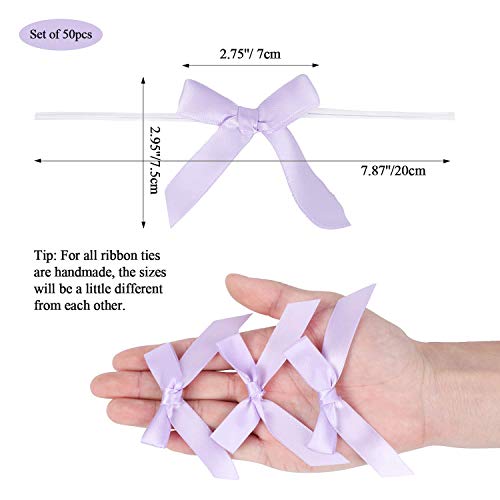 AKLVBL 50 Pack Purple Satin Ribbon Twist Tie Bows for Treat Bags, Gift Bags, Bakery Candy Bags and Package Decorating Ribbon Bow, Bowknot for Gifts