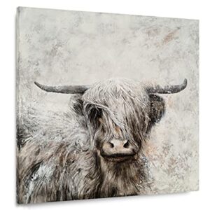 Yihui Arts Highland Cow Canvas Wall Art Hand Painted Lovely Wild Animal Oil Paintings Grey and White Rustic Pictures Yak Artwork for Farmhouse Living Room Bedroom Bathroom Decoration