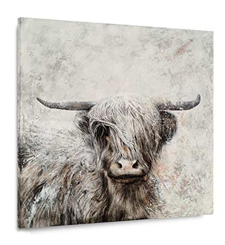 Yihui Arts Highland Cow Canvas Wall Art Hand Painted Lovely Wild Animal Oil Paintings Grey and White Rustic Pictures Yak Artwork for Farmhouse Living Room Bedroom Bathroom Decoration