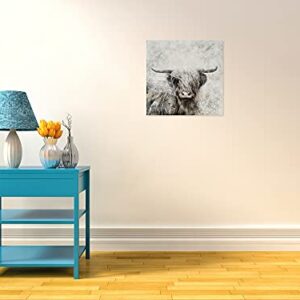 Yihui Arts Highland Cow Canvas Wall Art Hand Painted Lovely Wild Animal Oil Paintings Grey and White Rustic Pictures Yak Artwork for Farmhouse Living Room Bedroom Bathroom Decoration