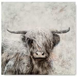 Yihui Arts Highland Cow Canvas Wall Art Hand Painted Lovely Wild Animal Oil Paintings Grey and White Rustic Pictures Yak Artwork for Farmhouse Living Room Bedroom Bathroom Decoration