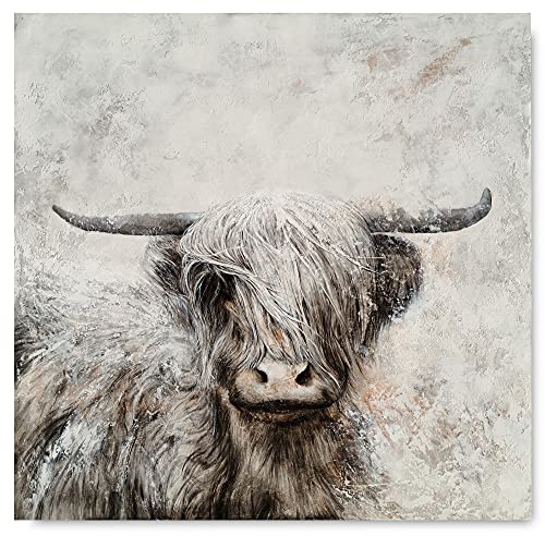 Yihui Arts Highland Cow Canvas Wall Art Hand Painted Lovely Wild Animal Oil Paintings Grey and White Rustic Pictures Yak Artwork for Farmhouse Living Room Bedroom Bathroom Decoration