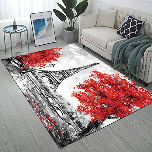 Manerly Area Rug 5' x 3' for Living Room Dinning Room Bedroom Kitchen Black White and Red Modern Art Carpet Oil Painting of Paris City Landscape with Eiffel Tower Print Large Floor Mats Non-Slip Rug