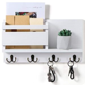 key and mail holder for wall decorative - rustic mail organizer wall mount, wooden letter sorter organizer with 4 key rack hooks for hallway kitchen farmhouse decor (16.5” x 9.1” x 3.4”) (white)