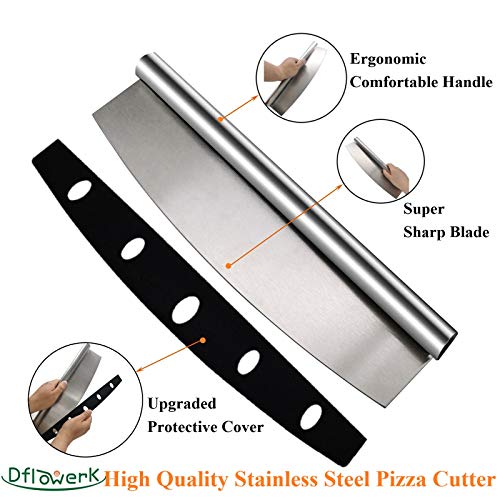 DflowerK 14'' Pizza Cutter Rocker Stainless Steel Slicer Knife with Protective Cover Perfect for Pizza Homemade Pasta Fudge Vegetable, Dishwasher Safe Premium Pizza Oven Accessories