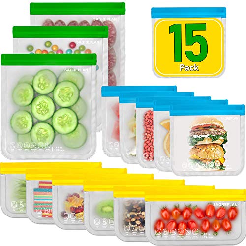 Reusable Storage Bags for Food - 15 Pack Freezer Bags - 3 Reusable Gallon Bags + 6 Reusable Sandwich Bags + 6 Reusable Snack Bags - Non Plastic/Silicone Lunch Bags for Kids