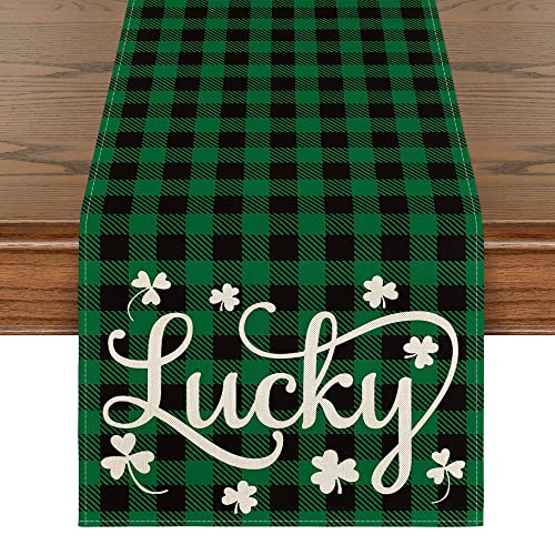 Artoid Mode Buffalo Plaid Lucky Clover Shamrock Table Runner, Seasonal St. Patrick's Day Holiday Kitchen Dining Table Runner for Home Party Decor 13 x 72 Inch