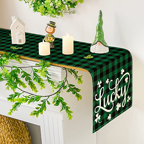 Artoid Mode Buffalo Plaid Lucky Clover Shamrock Table Runner, Seasonal St. Patrick's Day Holiday Kitchen Dining Table Runner for Home Party Decor 13 x 72 Inch