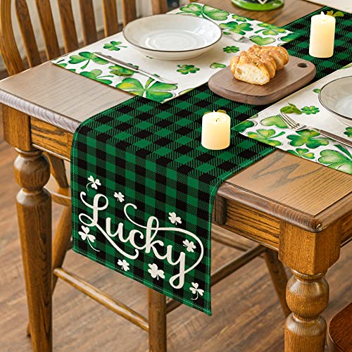 Artoid Mode Buffalo Plaid Lucky Clover Shamrock Table Runner, Seasonal St. Patrick's Day Holiday Kitchen Dining Table Runner for Home Party Decor 13 x 72 Inch