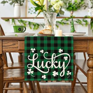 Artoid Mode Buffalo Plaid Lucky Clover Shamrock Table Runner, Seasonal St. Patrick's Day Holiday Kitchen Dining Table Runner for Home Party Decor 13 x 72 Inch