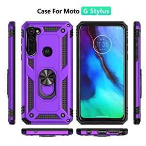 Moto G Stylus (2020) Case, Moto G Pro (2020) Case, with Tempered Glass Screen Protectors, Androgate Ring Kickstand Car Mount Shockproof Cover Case for Motorola Moto G Stylus/Pro, Purple