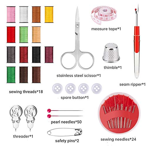 104 Pcs Premium Sewing Kit, Portable Needle and Thread Kit for Beginners, Travelers and Adults, DIY Sewing Supplies with 18 Color Threads, 24 Needles, Seam Ripper, Scissors, Thimble etc