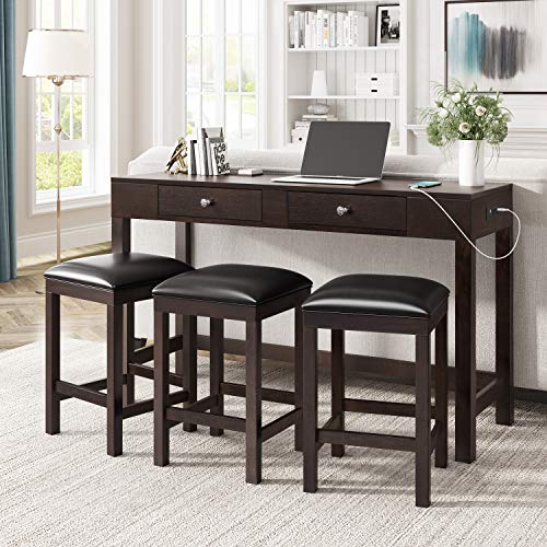 Harper & Bright Designs 4-Piece Counter Height Table Set with 2 Drawers and Socket, Mulitpurpose Rustic Bar Dining Table Set with 3 Leather Padded Stools (Espresso)