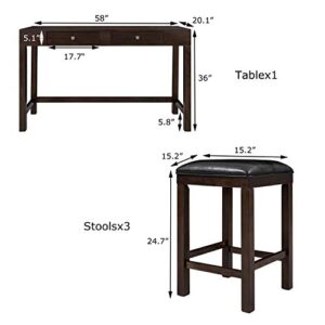 Harper & Bright Designs 4-Piece Counter Height Table Set with 2 Drawers and Socket, Mulitpurpose Rustic Bar Dining Table Set with 3 Leather Padded Stools (Espresso)