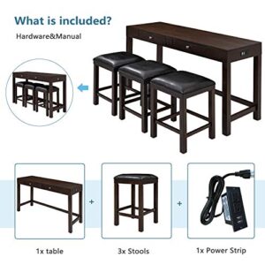 Harper & Bright Designs 4-Piece Counter Height Table Set with 2 Drawers and Socket, Mulitpurpose Rustic Bar Dining Table Set with 3 Leather Padded Stools (Espresso)