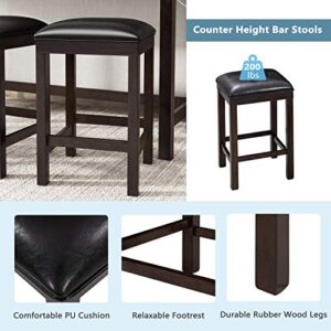 Harper & Bright Designs 4-Piece Counter Height Table Set with 2 Drawers and Socket, Mulitpurpose Rustic Bar Dining Table Set with 3 Leather Padded Stools (Espresso)