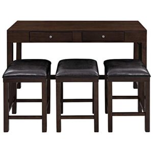 Harper & Bright Designs 4-Piece Counter Height Table Set with 2 Drawers and Socket, Mulitpurpose Rustic Bar Dining Table Set with 3 Leather Padded Stools (Espresso)