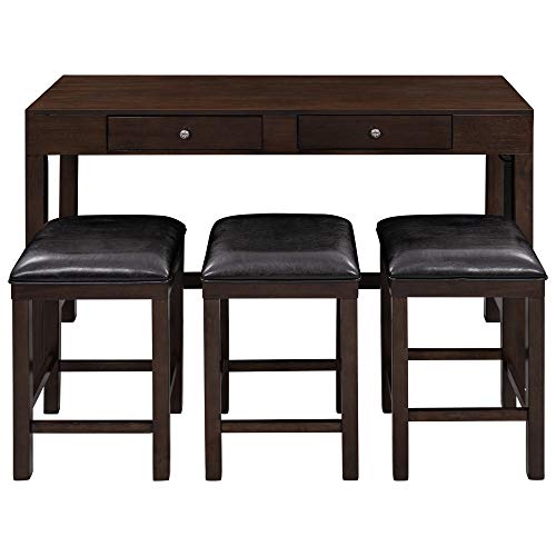 Harper & Bright Designs 4-Piece Counter Height Table Set with 2 Drawers and Socket, Mulitpurpose Rustic Bar Dining Table Set with 3 Leather Padded Stools (Espresso)