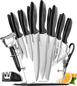 home hero kitchen knife set, steak knife set & kitchen utility knives - ultra-sharp high carbon stainless steel knives with ergonomic handles (17 pc set, silver)