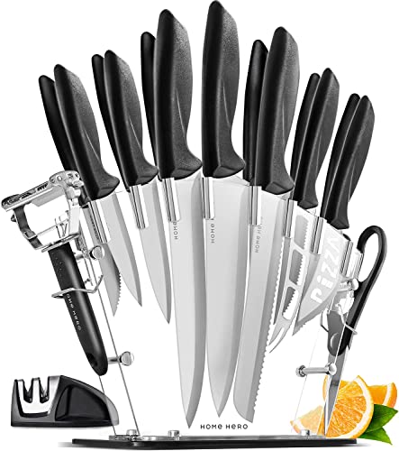 Home Hero Kitchen Knife Set, Steak Knife Set & Kitchen Utility Knives - Ultra-Sharp High Carbon Stainless Steel Knives with Ergonomic Handles (17 Pc Set, Silver)