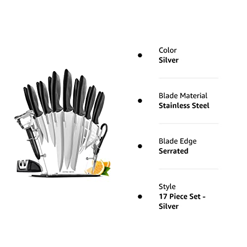 Home Hero Kitchen Knife Set, Steak Knife Set & Kitchen Utility Knives - Ultra-Sharp High Carbon Stainless Steel Knives with Ergonomic Handles (17 Pc Set, Silver)