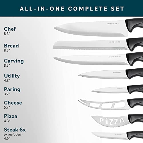 Home Hero Kitchen Knife Set, Steak Knife Set & Kitchen Utility Knives - Ultra-Sharp High Carbon Stainless Steel Knives with Ergonomic Handles (17 Pc Set, Silver)