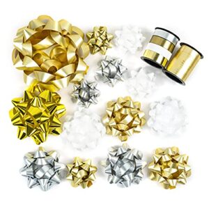 wrapaholic 16 pcs gift bows assortment - 14 multi colored assorted size gift bows (gold, silver, white) and 2 crimped curling ribbons, perfect for christmas, holiday, party