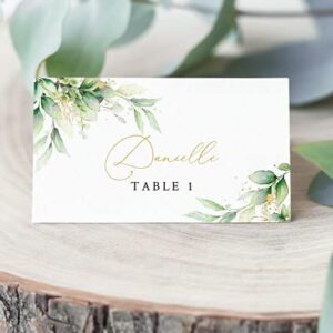 Wedding Place Cards Table, 50 Pack, 2 x 3.5 inch, Gold & Greenery Place Cards for Weddings, Premium Eucalyptus Wedding Name Place Cards for Table Setting, Easy Folding Matte Finish Placecards Wedding