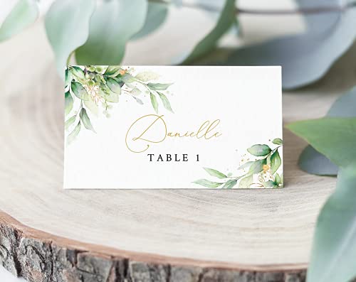 Wedding Place Cards Table, 50 Pack, 2 x 3.5 inch, Gold & Greenery Place Cards for Weddings, Premium Eucalyptus Wedding Name Place Cards for Table Setting, Easy Folding Matte Finish Placecards Wedding