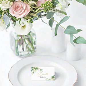 Wedding Place Cards Table, 50 Pack, 2 x 3.5 inch, Gold & Greenery Place Cards for Weddings, Premium Eucalyptus Wedding Name Place Cards for Table Setting, Easy Folding Matte Finish Placecards Wedding