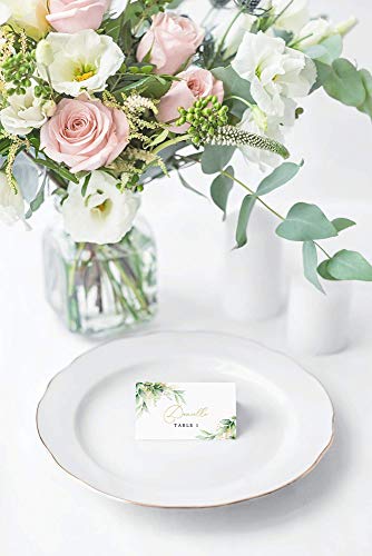 Wedding Place Cards Table, 50 Pack, 2 x 3.5 inch, Gold & Greenery Place Cards for Weddings, Premium Eucalyptus Wedding Name Place Cards for Table Setting, Easy Folding Matte Finish Placecards Wedding