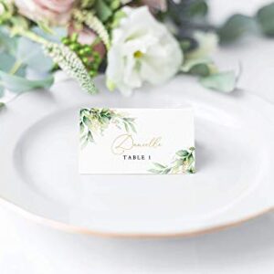 Wedding Place Cards Table, 50 Pack, 2 x 3.5 inch, Gold & Greenery Place Cards for Weddings, Premium Eucalyptus Wedding Name Place Cards for Table Setting, Easy Folding Matte Finish Placecards Wedding