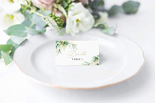 Wedding Place Cards Table, 50 Pack, 2 x 3.5 inch, Gold & Greenery Place Cards for Weddings, Premium Eucalyptus Wedding Name Place Cards for Table Setting, Easy Folding Matte Finish Placecards Wedding