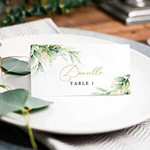 Wedding Place Cards Table, 50 Pack, 2 x 3.5 inch, Gold & Greenery Place Cards for Weddings, Premium Eucalyptus Wedding Name Place Cards for Table Setting, Easy Folding Matte Finish Placecards Wedding