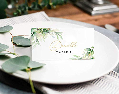 Wedding Place Cards Table, 50 Pack, 2 x 3.5 inch, Gold & Greenery Place Cards for Weddings, Premium Eucalyptus Wedding Name Place Cards for Table Setting, Easy Folding Matte Finish Placecards Wedding