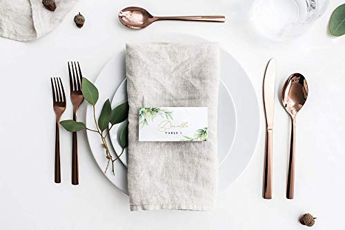 Wedding Place Cards Table, 50 Pack, 2 x 3.5 inch, Gold & Greenery Place Cards for Weddings, Premium Eucalyptus Wedding Name Place Cards for Table Setting, Easy Folding Matte Finish Placecards Wedding