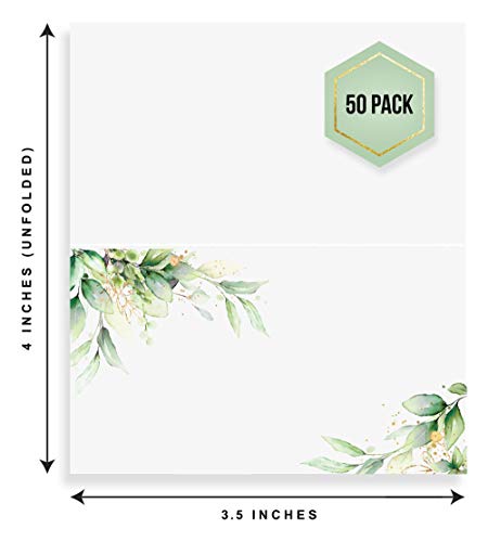 Wedding Place Cards Table, 50 Pack, 2 x 3.5 inch, Gold & Greenery Place Cards for Weddings, Premium Eucalyptus Wedding Name Place Cards for Table Setting, Easy Folding Matte Finish Placecards Wedding