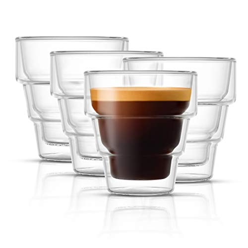 JoyJolt Pila Double Walled Espresso Glasses, Set of 4 Espresso Cups 3 Ounce Capacity. Stackable Thermal Clear Glass Cups, Ideal Fit for Espresso Machine and Coffee Maker