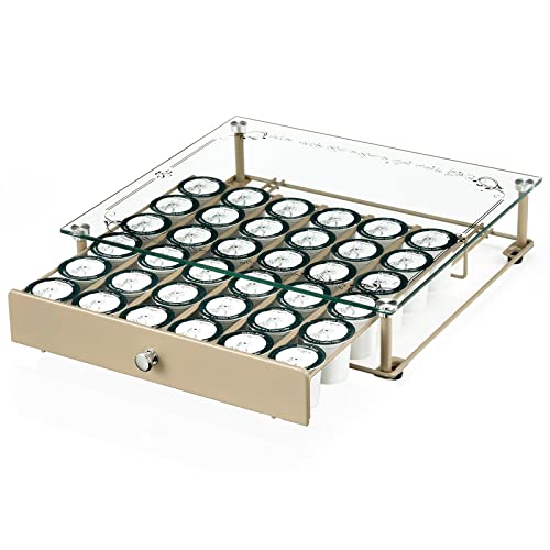 Coffee Pod Holder, Tempered Glass Top Coffee Pod Drawer Compatible with k cup Coffee Pods, Holds 36 Pods Coffee Pod Storage Drawer Organizer for Coffee Shop Office Kitchen Counter 14 × 13 × 3 in