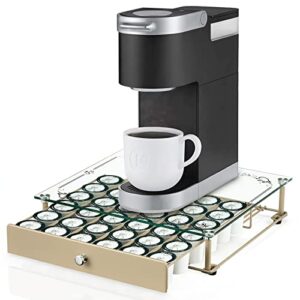 Coffee Pod Holder, Tempered Glass Top Coffee Pod Drawer Compatible with k cup Coffee Pods, Holds 36 Pods Coffee Pod Storage Drawer Organizer for Coffee Shop Office Kitchen Counter 14 × 13 × 3 in