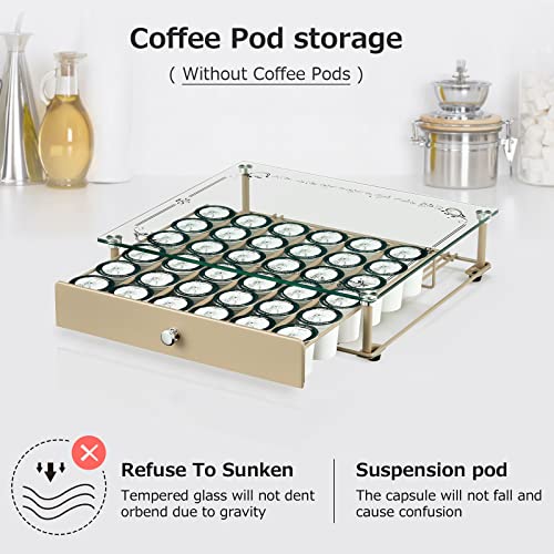 Coffee Pod Holder, Tempered Glass Top Coffee Pod Drawer Compatible with k cup Coffee Pods, Holds 36 Pods Coffee Pod Storage Drawer Organizer for Coffee Shop Office Kitchen Counter 14 × 13 × 3 in