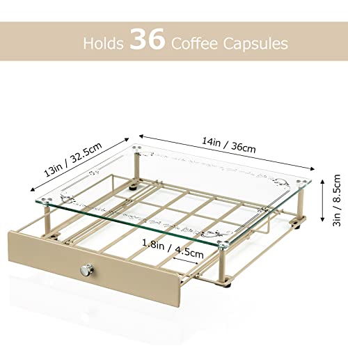 Coffee Pod Holder, Tempered Glass Top Coffee Pod Drawer Compatible with k cup Coffee Pods, Holds 36 Pods Coffee Pod Storage Drawer Organizer for Coffee Shop Office Kitchen Counter 14 × 13 × 3 in