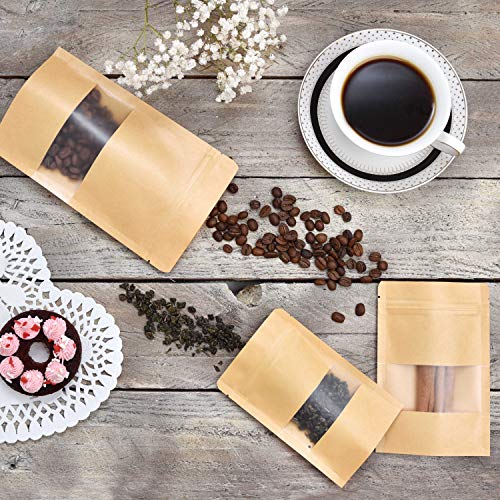 50 Pcs Self Sealing Sealable Packaging Paper Bags Waterproof Transparent Window Brown Stand Up Zipper Pouches Can Reusable for Food Tea Coffee bags Beans Nuts Seeds Dried Fruits Pouch (5.9"x8.6")…