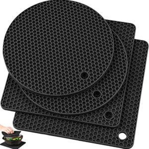 Silicone Trivet Pot Mat, Silicone Pot Holders for Hot Pan and Pot Pads. Heat Resistant Counter Mats for Tables Placemats,Countertops, Spoon Rest and Large Coasters,4 Pack Black(2 Squared + 2 Round)