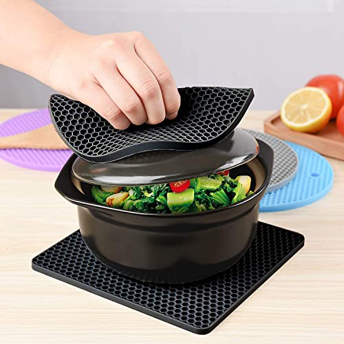 Silicone Trivet Pot Mat, Silicone Pot Holders for Hot Pan and Pot Pads. Heat Resistant Counter Mats for Tables Placemats,Countertops, Spoon Rest and Large Coasters,4 Pack Black(2 Squared + 2 Round)