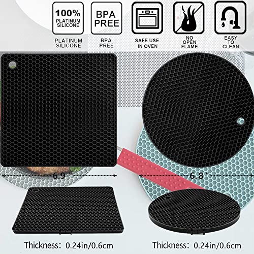 Silicone Trivet Pot Mat, Silicone Pot Holders for Hot Pan and Pot Pads. Heat Resistant Counter Mats for Tables Placemats,Countertops, Spoon Rest and Large Coasters,4 Pack Black(2 Squared + 2 Round)