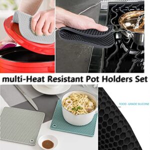 Silicone Trivet Pot Mat, Silicone Pot Holders for Hot Pan and Pot Pads. Heat Resistant Counter Mats for Tables Placemats,Countertops, Spoon Rest and Large Coasters,4 Pack Black(2 Squared + 2 Round)